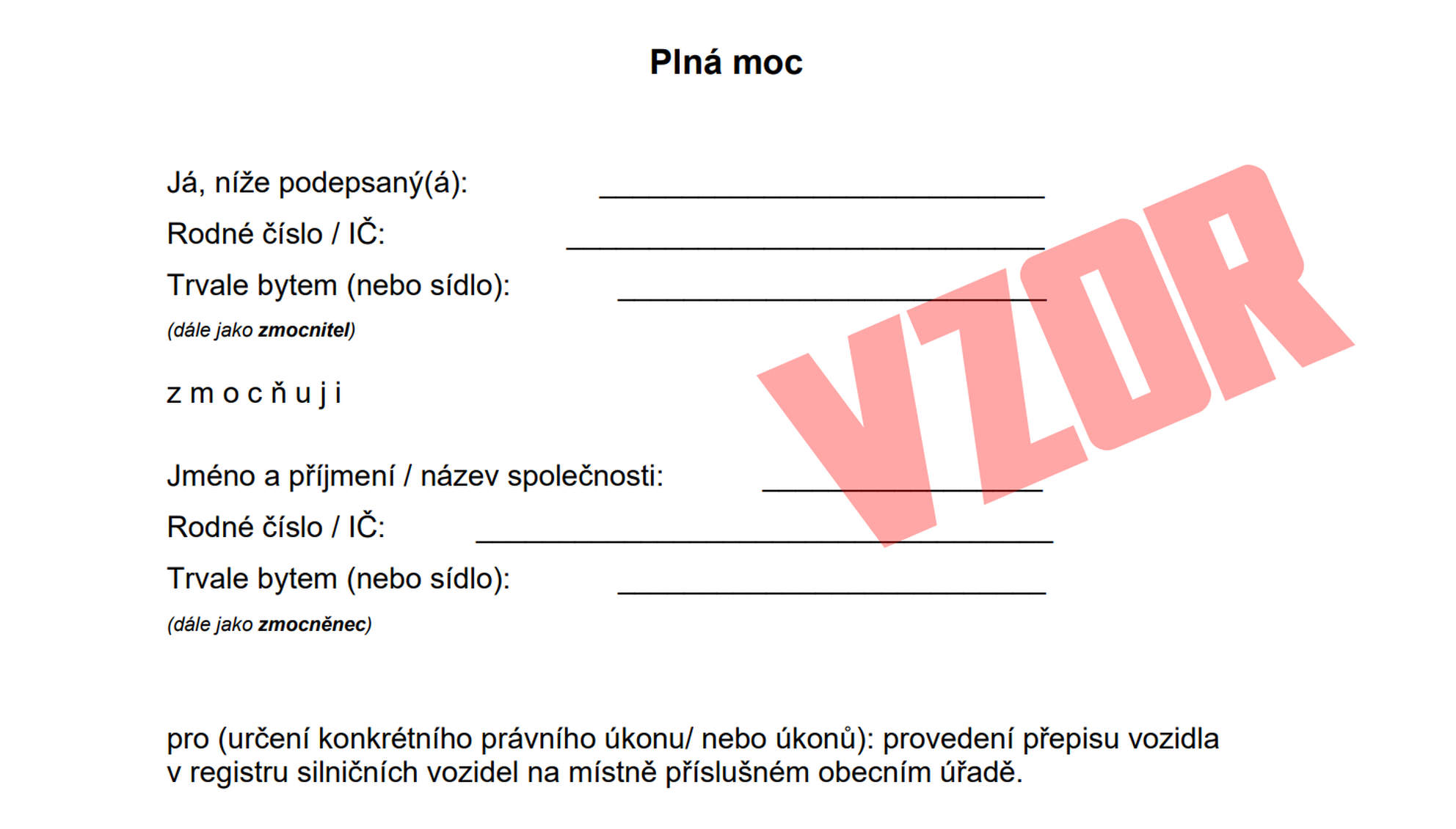 Plná moc k přepisu vozidla Vzor ke stažení 2025 | Cebia.cz